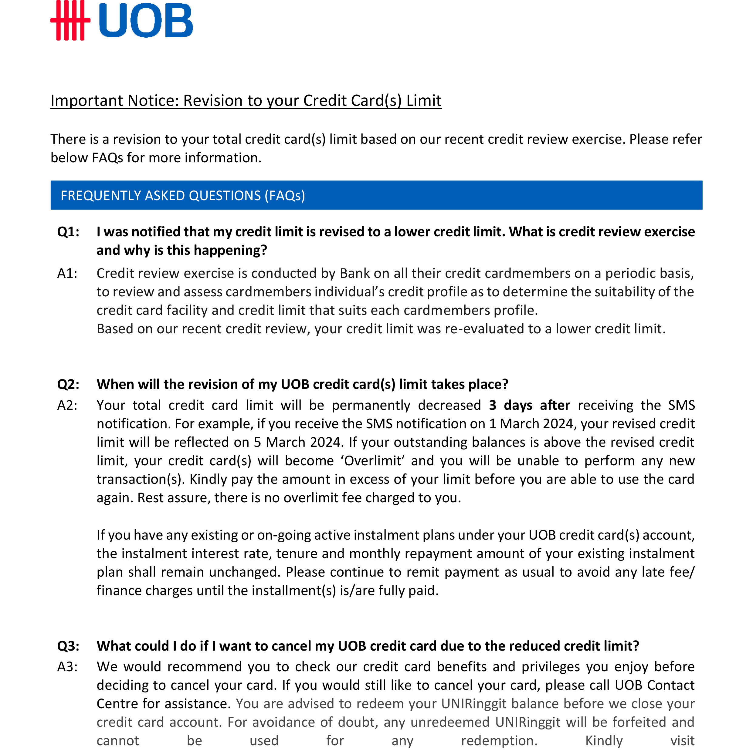 Important Notice: Revision to your Credit Card(s) Limit | UOB Malaysia